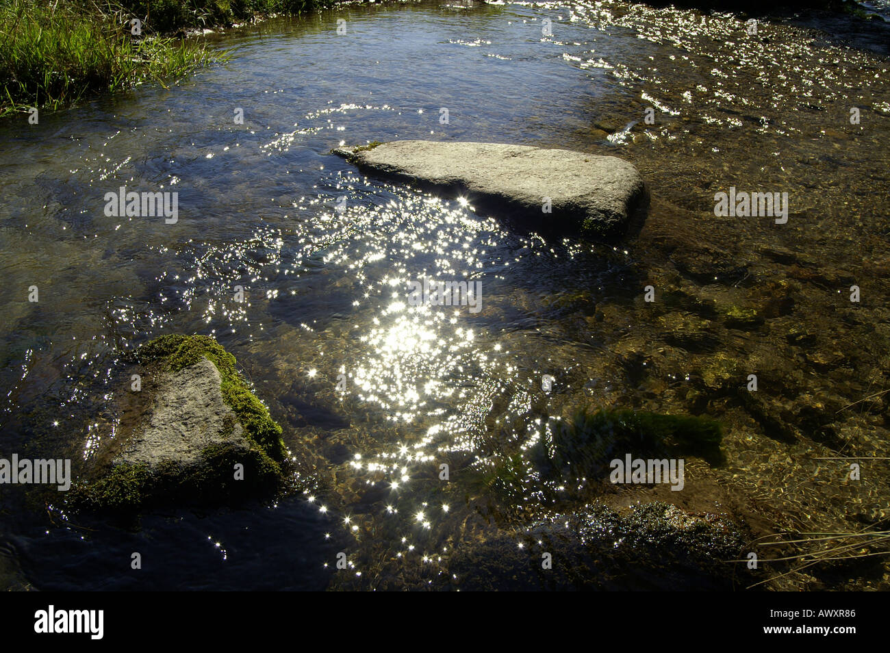 Stone and sun reflections on water stream surface Stock Photo - Alamy
