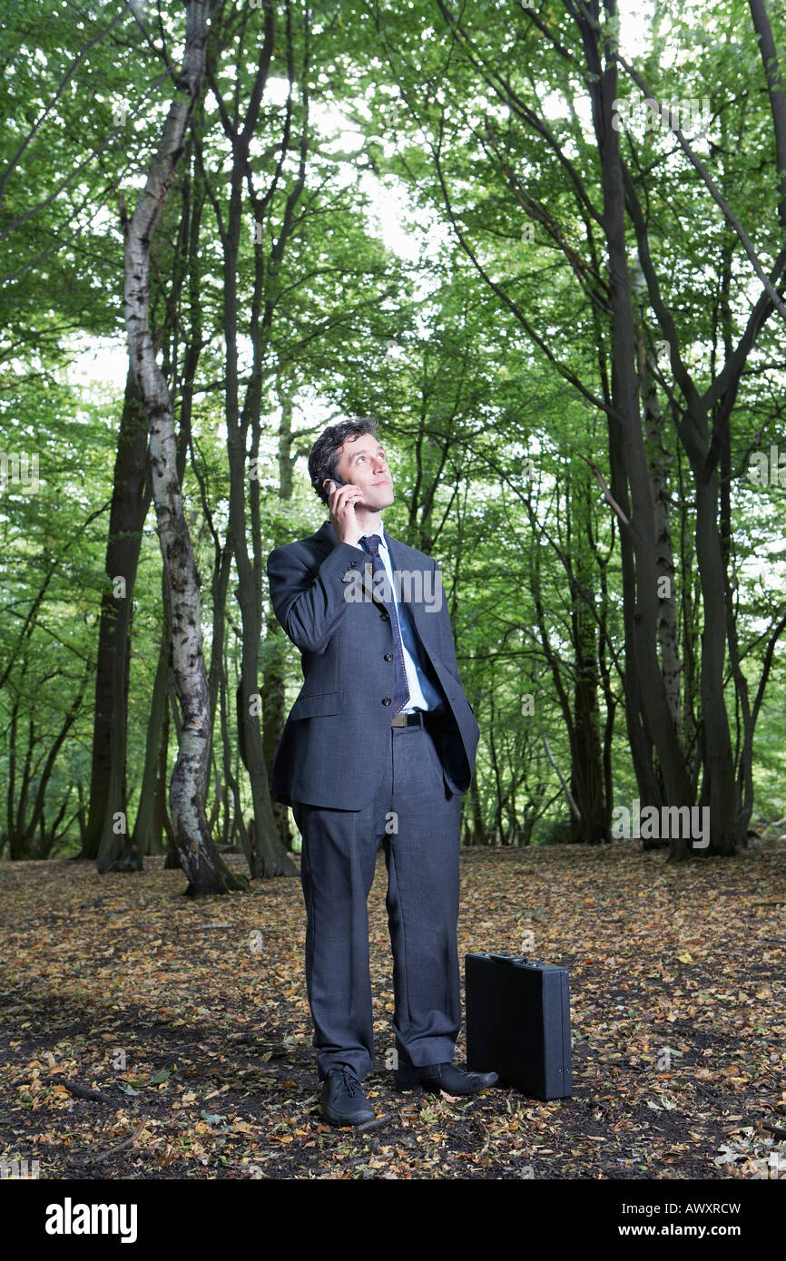 Portrait of business man in forest, talking on mobile phone Stock Photo ...