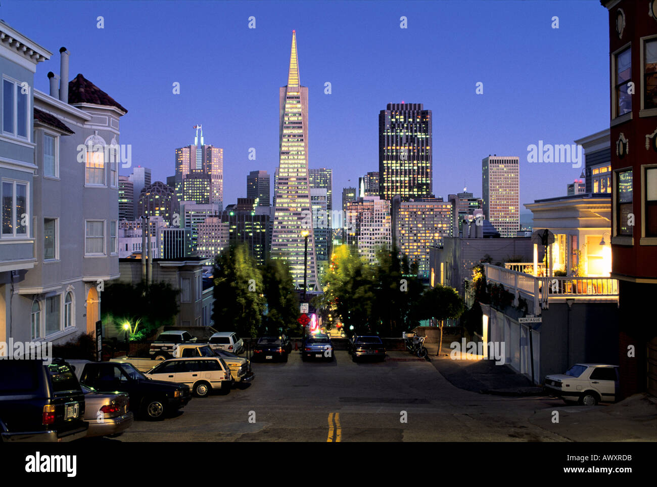 San Francisco, California, USA, financial district at dusk looking ...