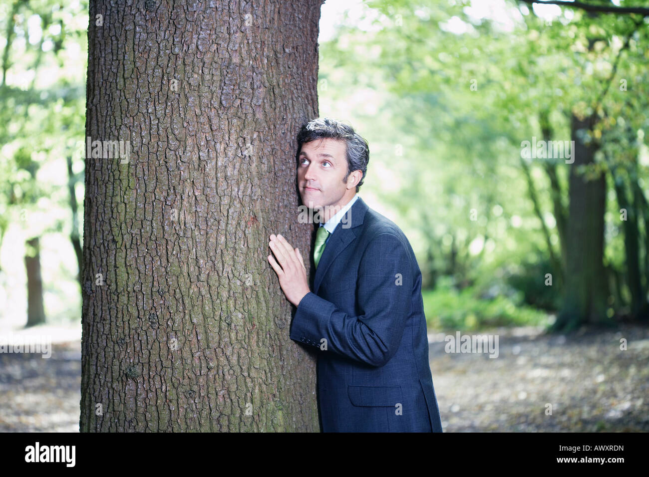 Mid adult business man pressing against tree trunk Stock Photo - Alamy