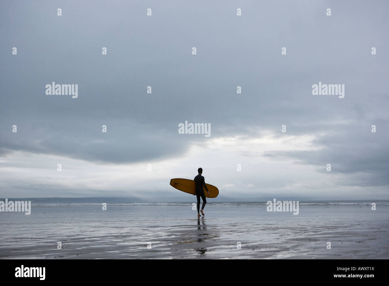 Surfer carrying surfboard on beach, back view Stock Photo - Alamy