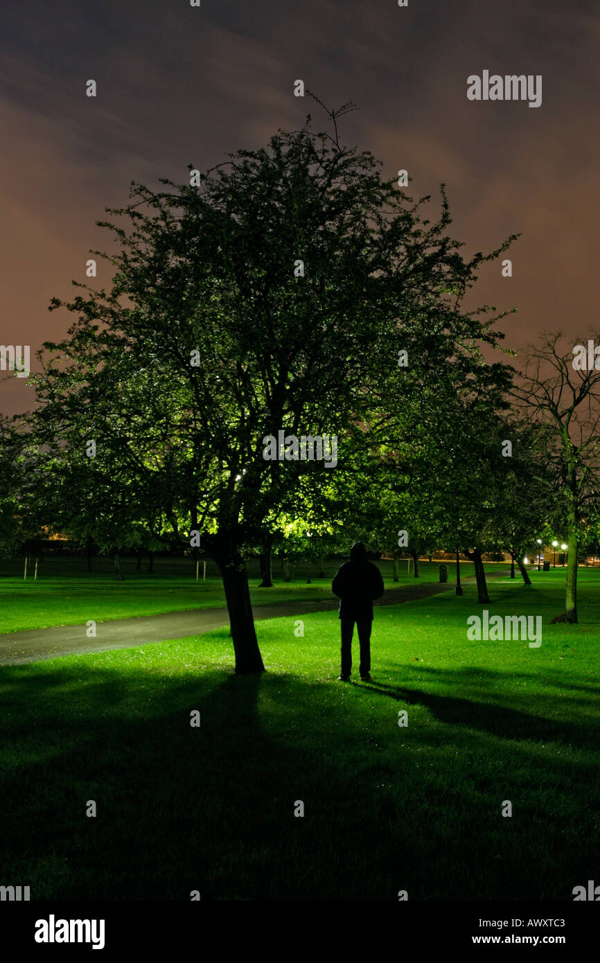 man stood under a tree in a park at night looking out towards a path ...