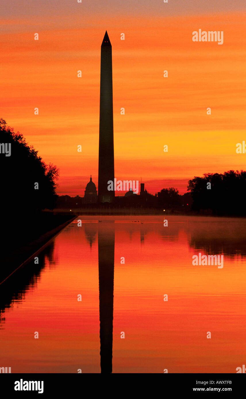 Washington, D.C., USA, The Mall at dawn, Washington Monument, Capitol ...
