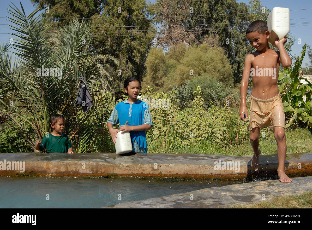 Children are fetching water from a spring near by the oasis Bahariya ...