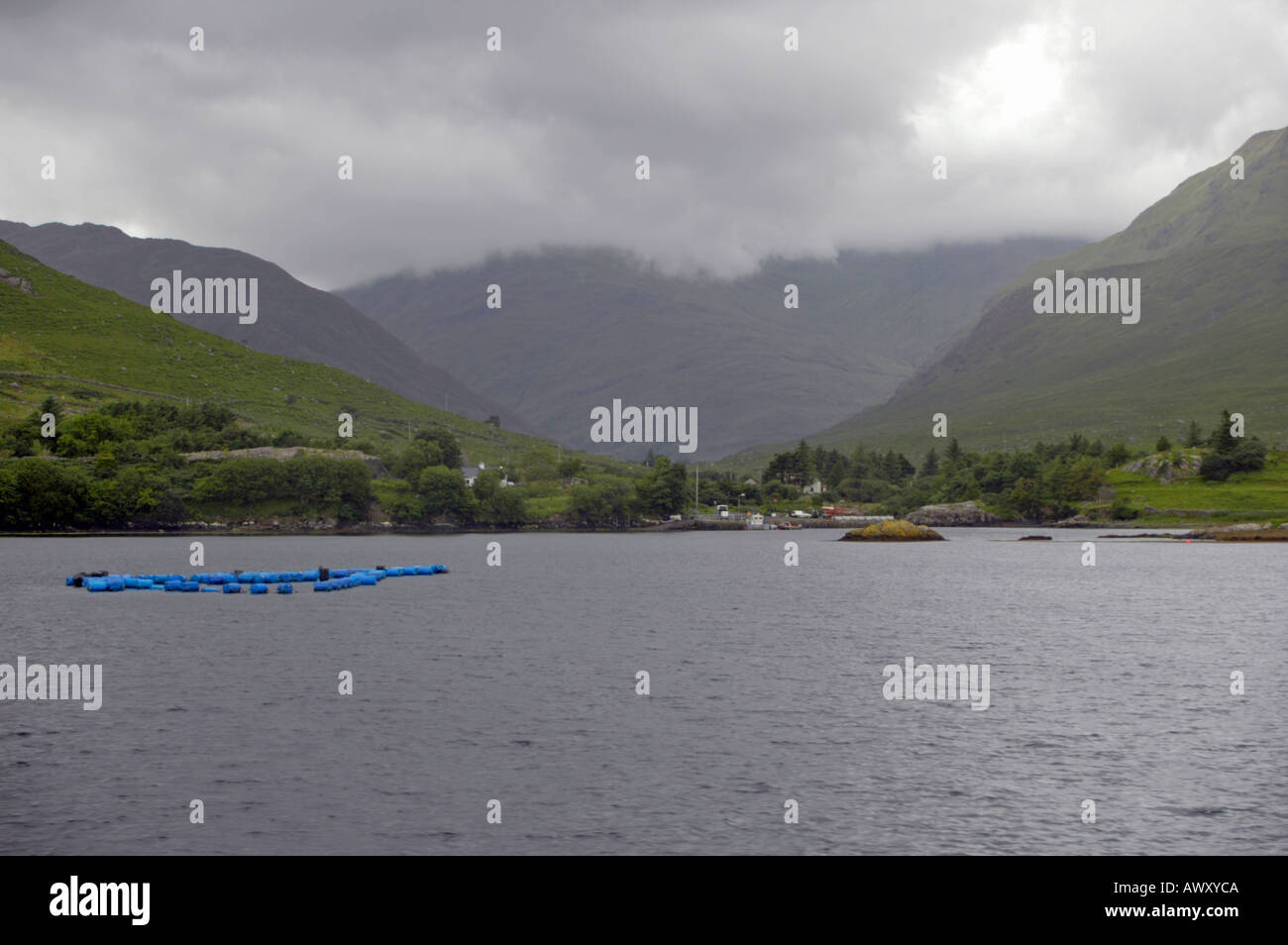 Mayo mountains and village of Lenaun (Leenane) at the head of Killary ...