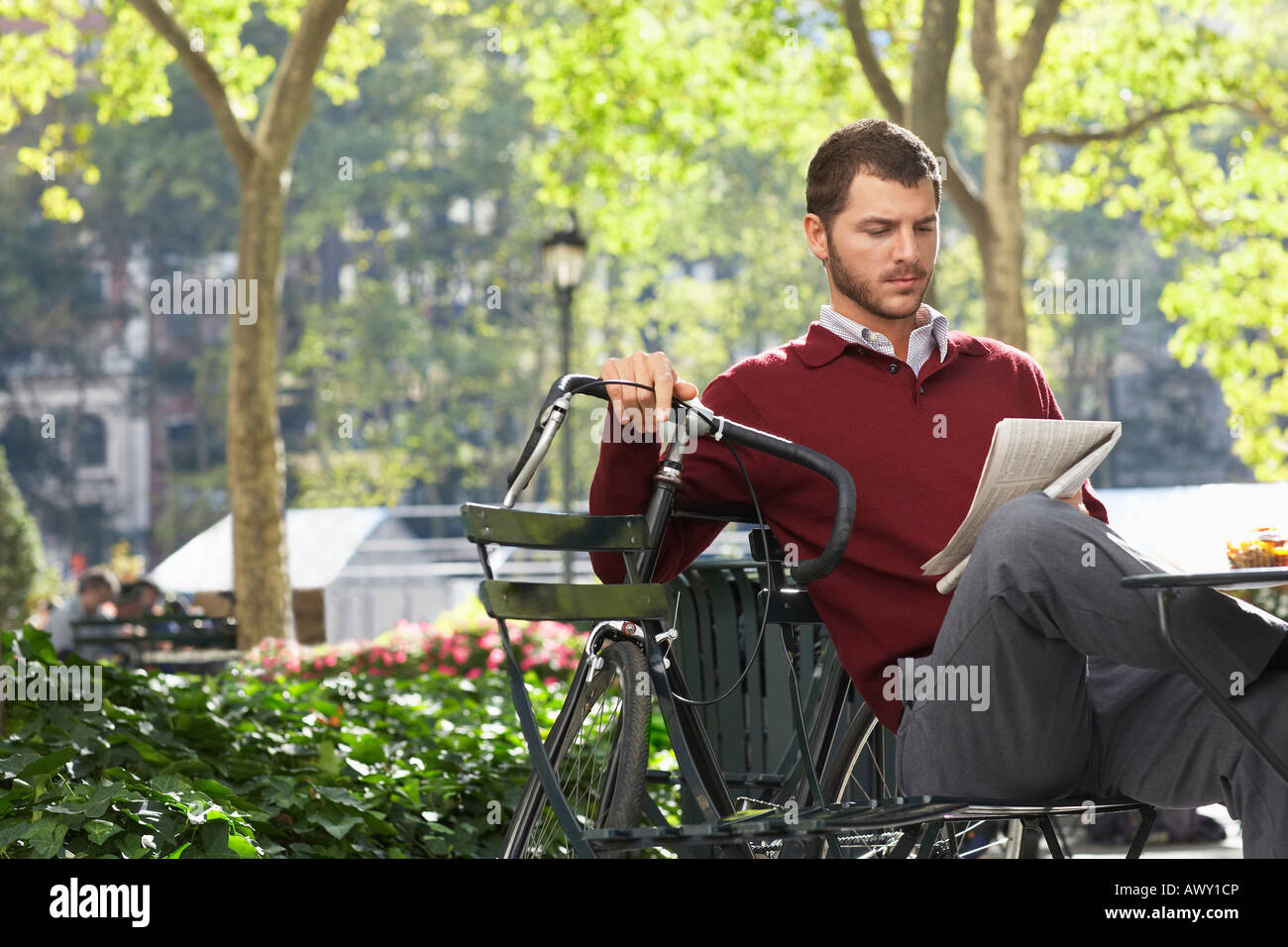 Man reading newspaper in park Stock Photo - Alamy