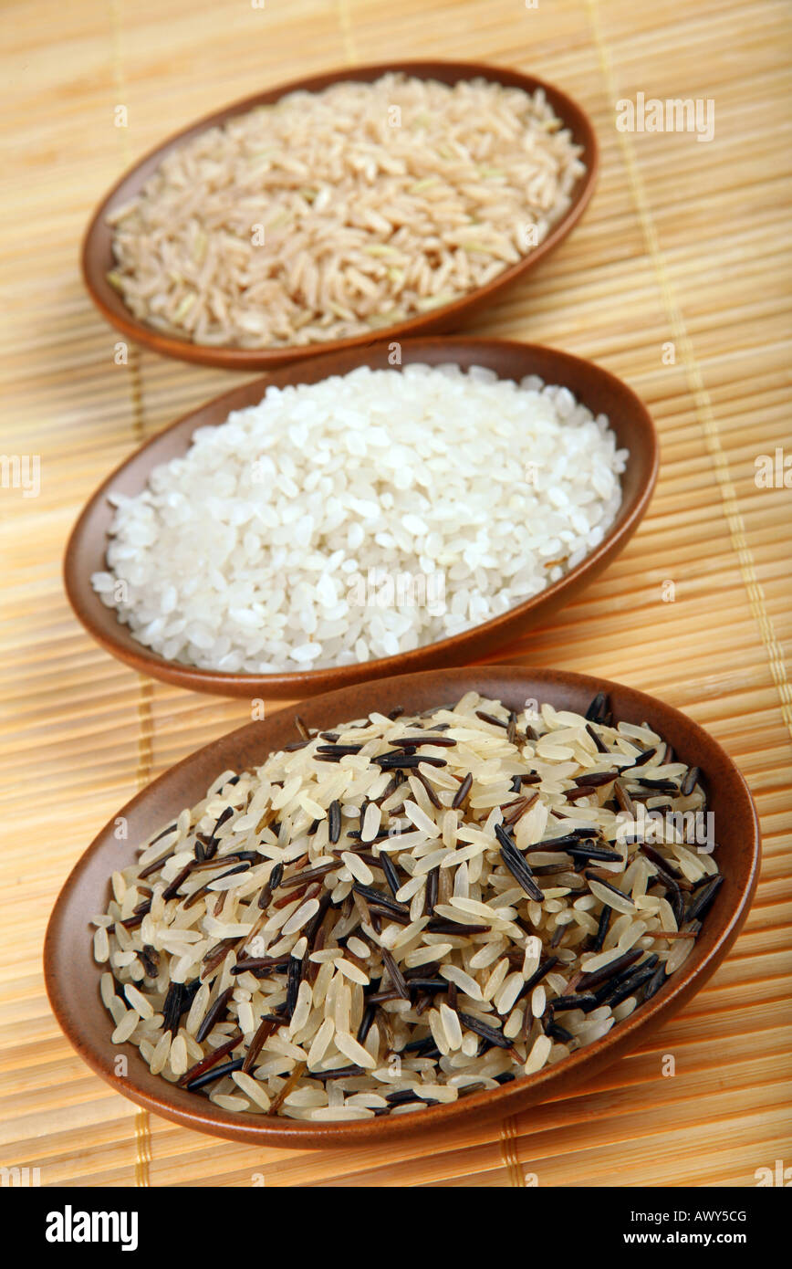Rice set detail view with brown plate plate Stock Photo - Alamy