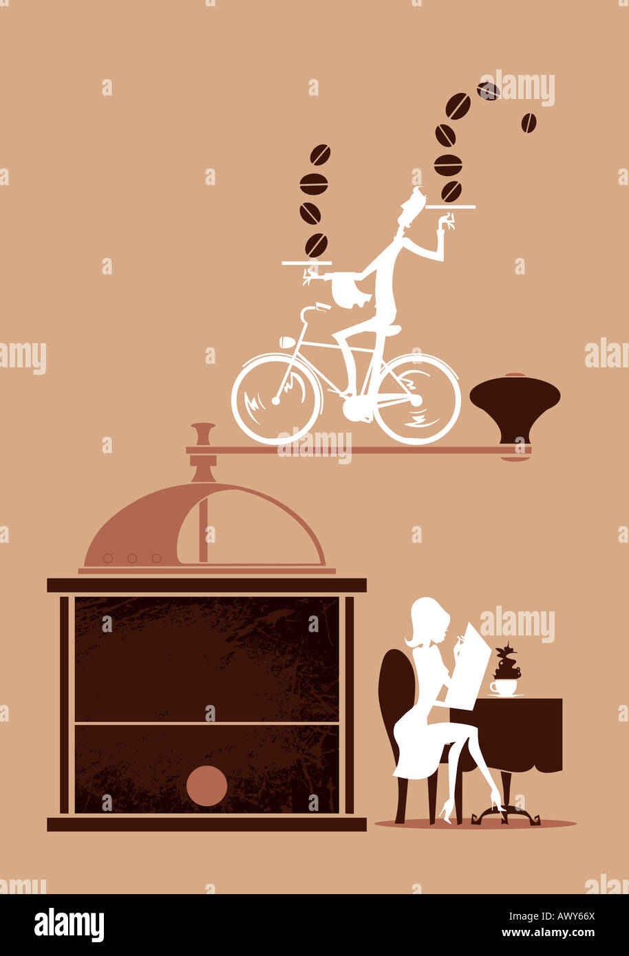 coffee grinder in a restaurant with a waiter riding his bicycle and a ...