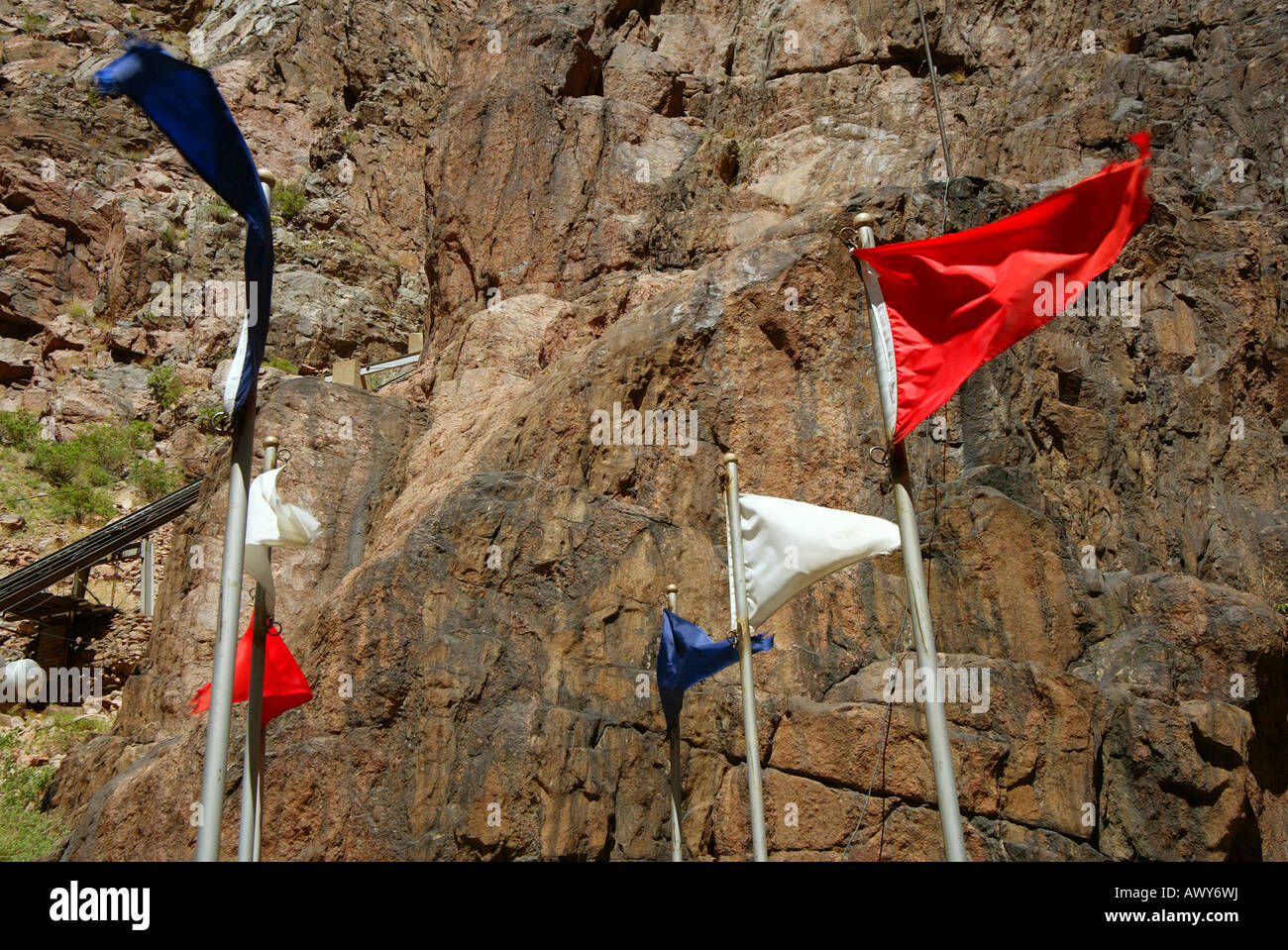 Colorful flags fly in the wind above the Royal Gorge Route Railroad ...