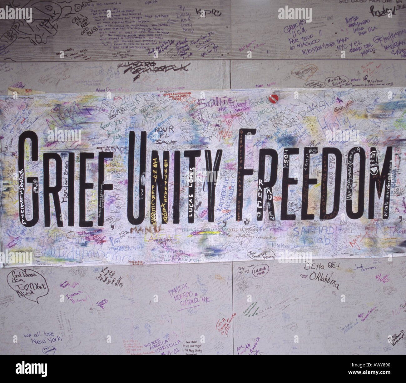 Detail of banner commemorating the tragedy of 9 11 next to ground zero ...