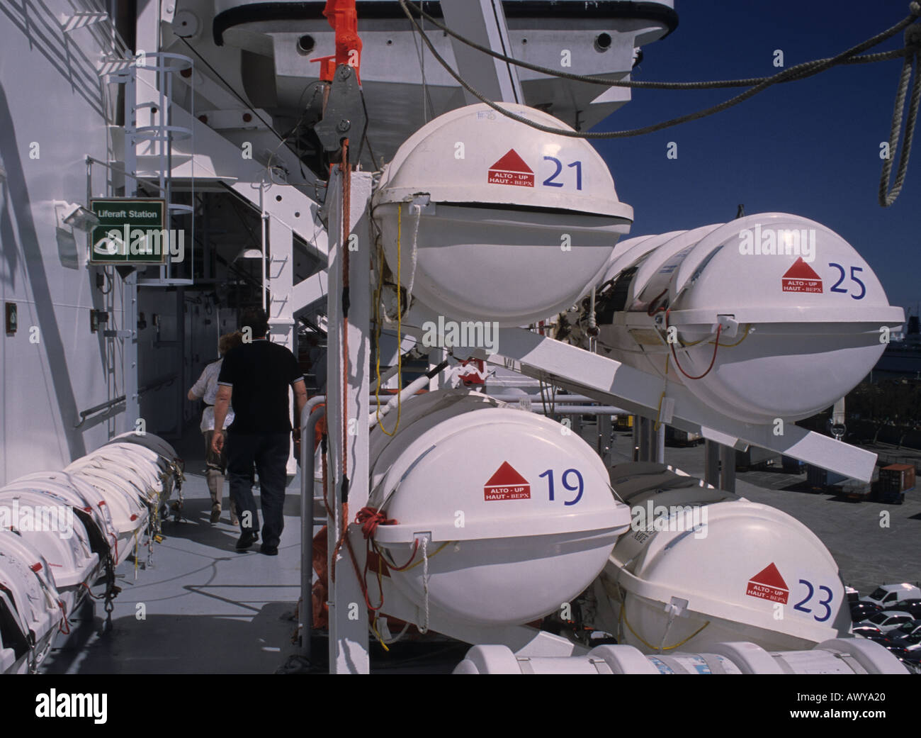 the life rafts of a cruise ship Stock Photo - Alamy