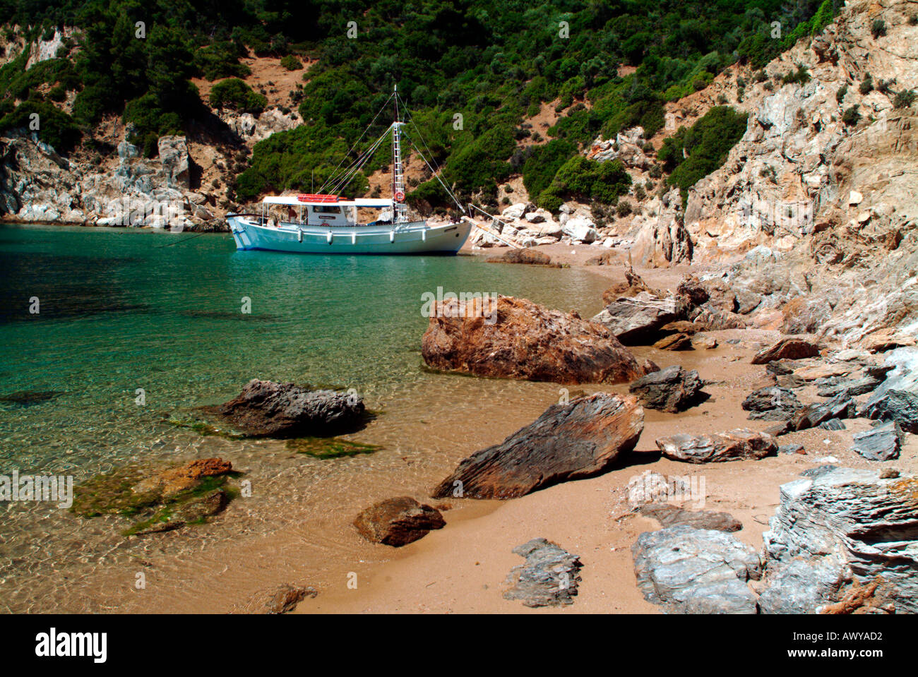 Boat moored Argos Island Beach Skiathos Greece Stock Photo - Alamy