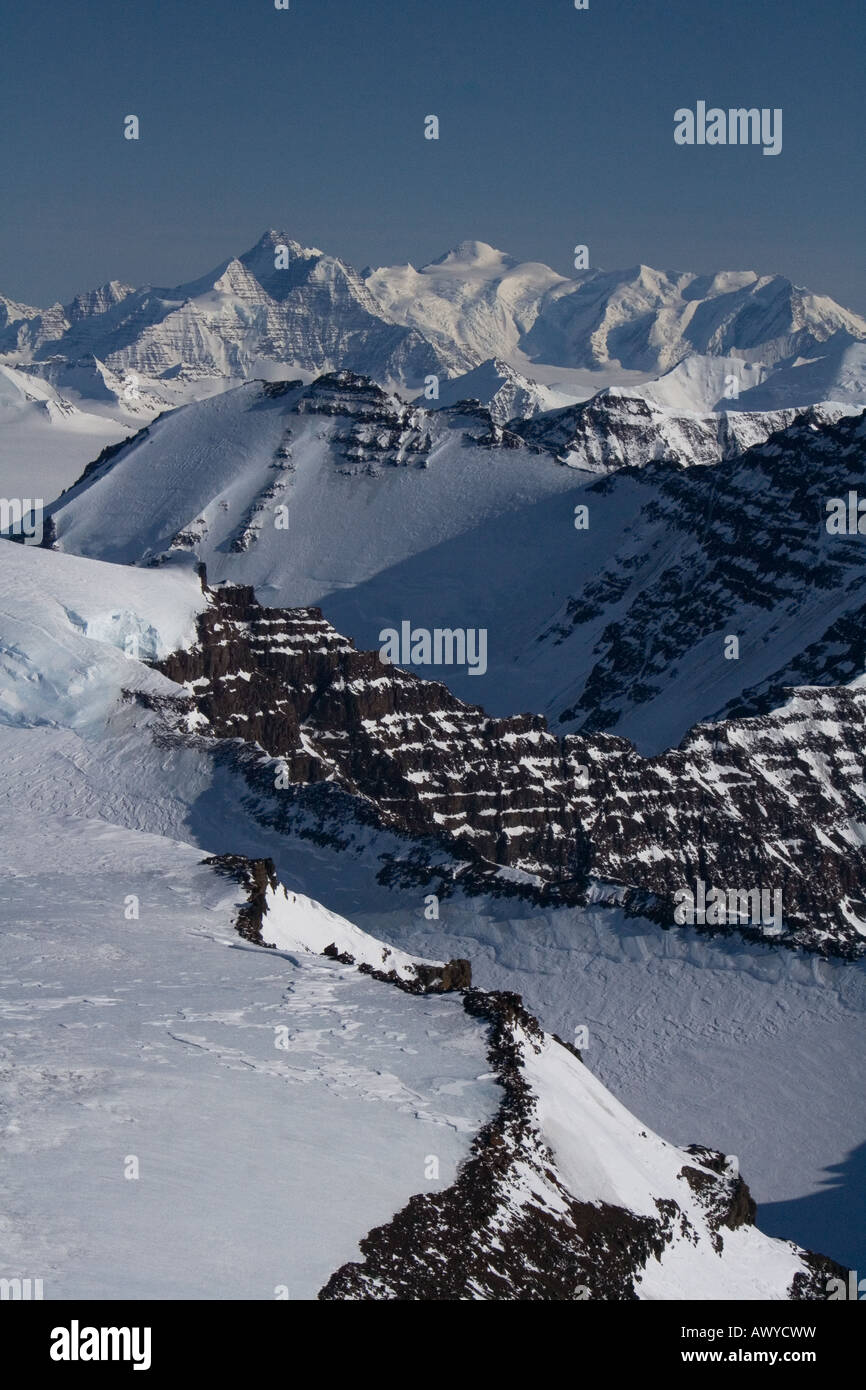 View of the east Greenland mountain ranges looking from the edge of the ...