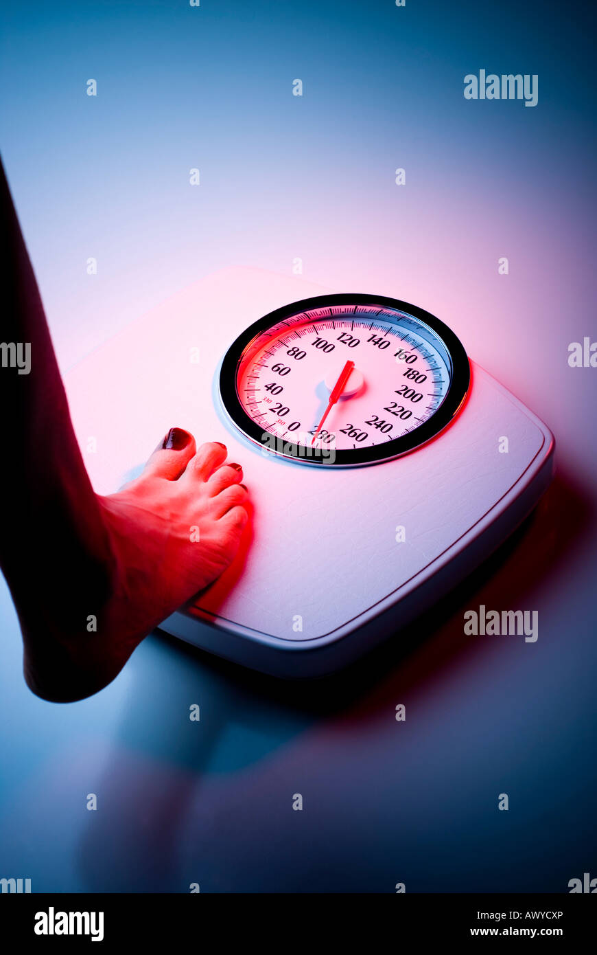 woman stepping on a bathroom scale Stock Photo - Alamy