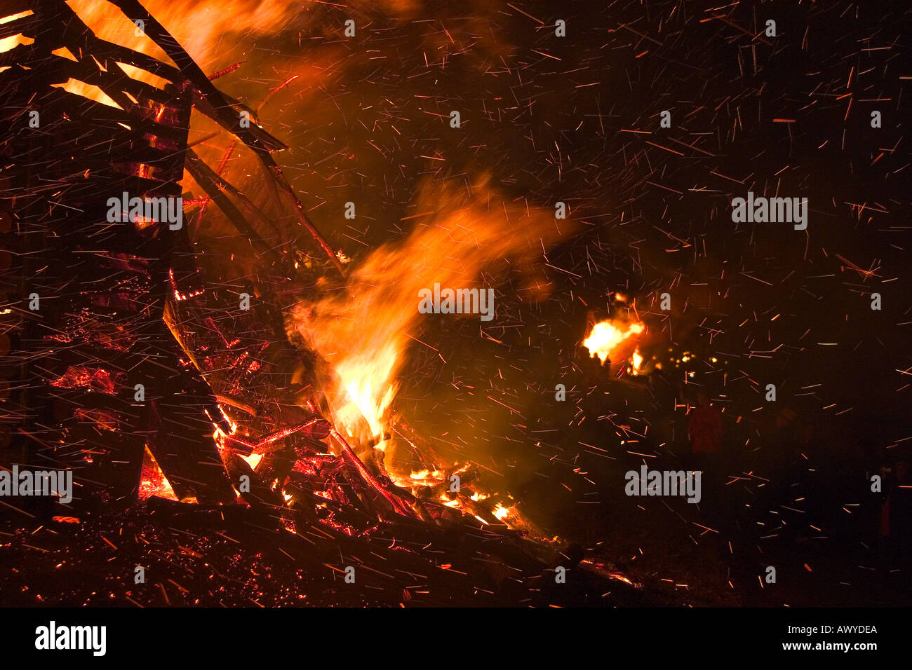 A bonfire burns on the Mississippi River levee at Gramercie Louisiana ...