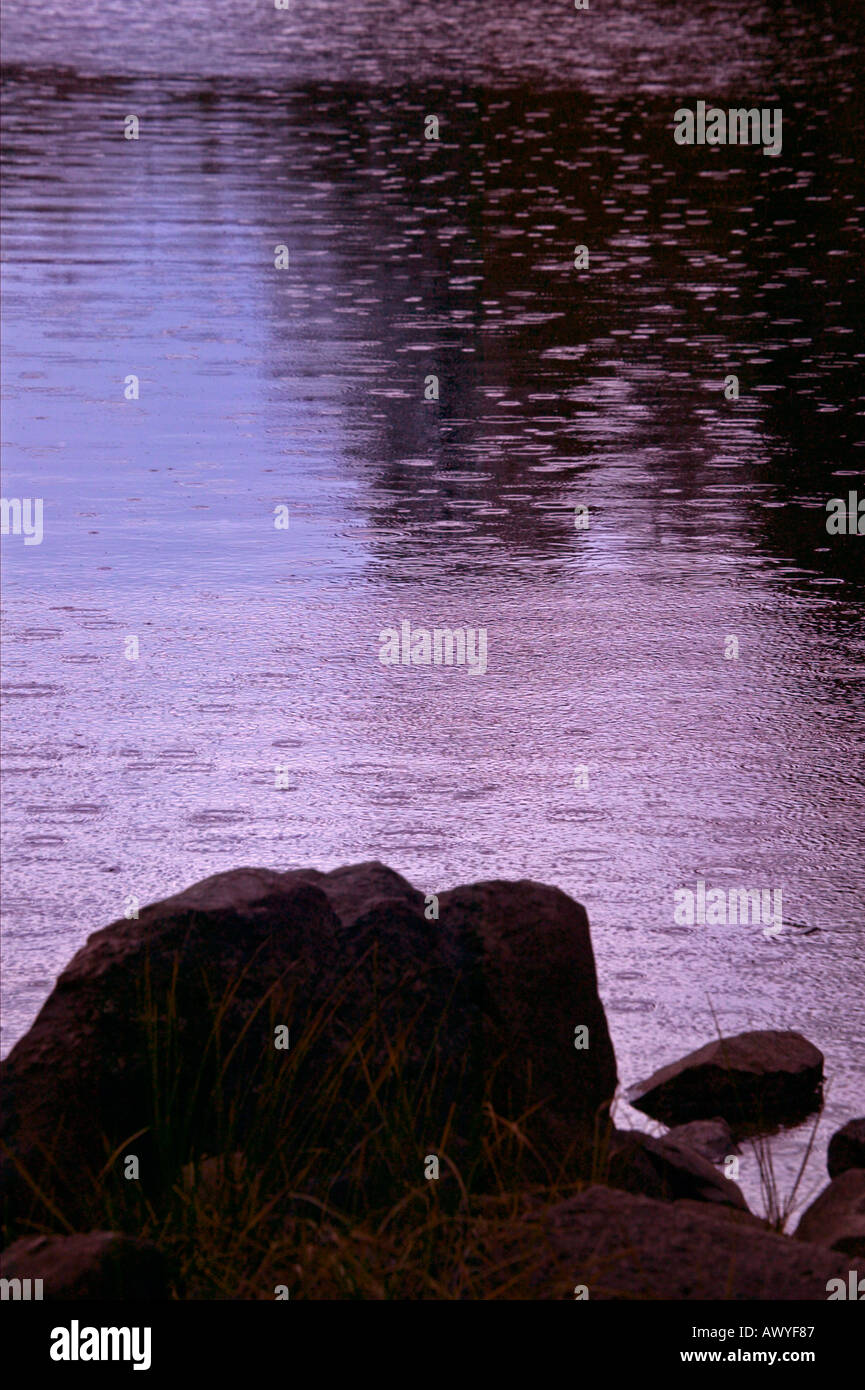 Rain falling on a rock and on a lake with the circles made by the rain ...