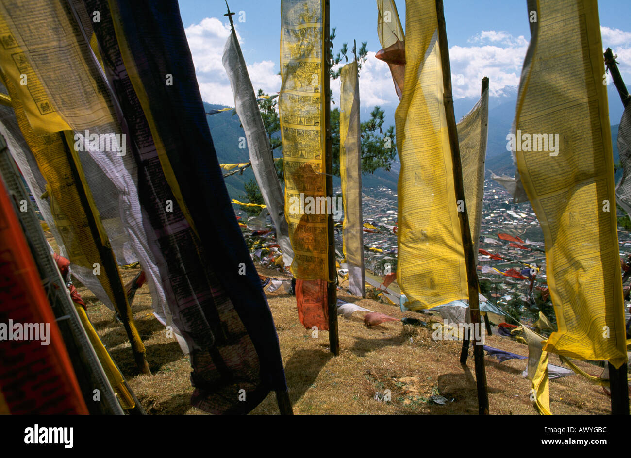 Prayer flags near the Bhutan Telecom Tower, overlooking Thimphu, Bhutan ...