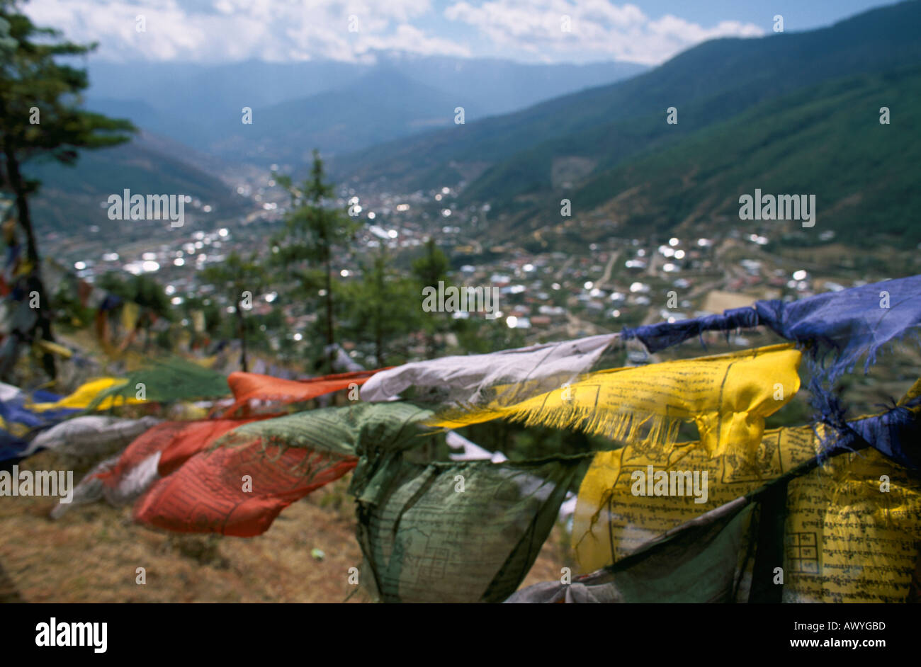 Prayer flags near the Bhutan Telecom Tower, overlooking Thimphu, Bhutan ...
