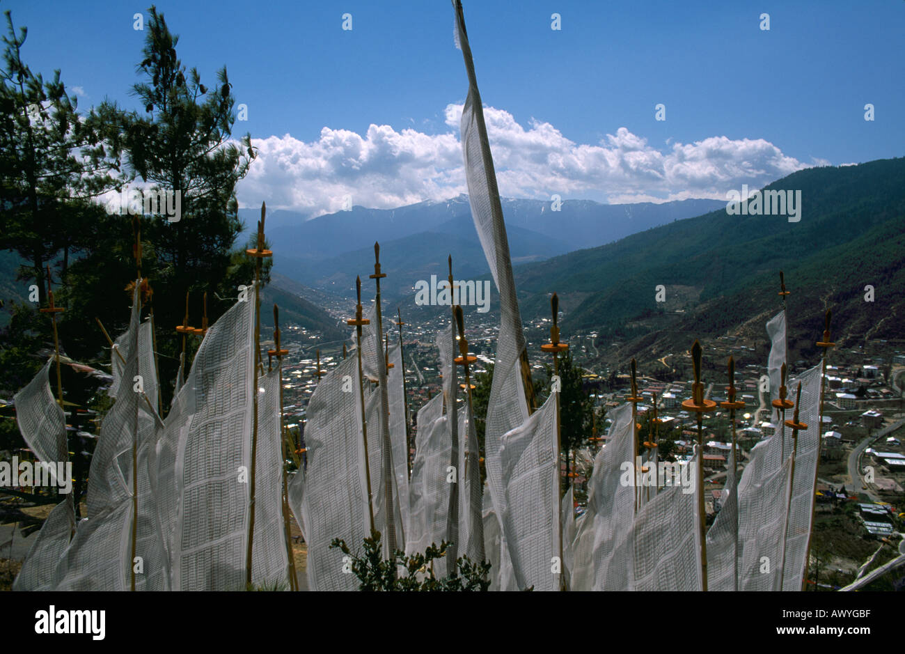 Prayer flags near the Bhutan Telecom Tower, overlooking Thimphu, Bhutan ...