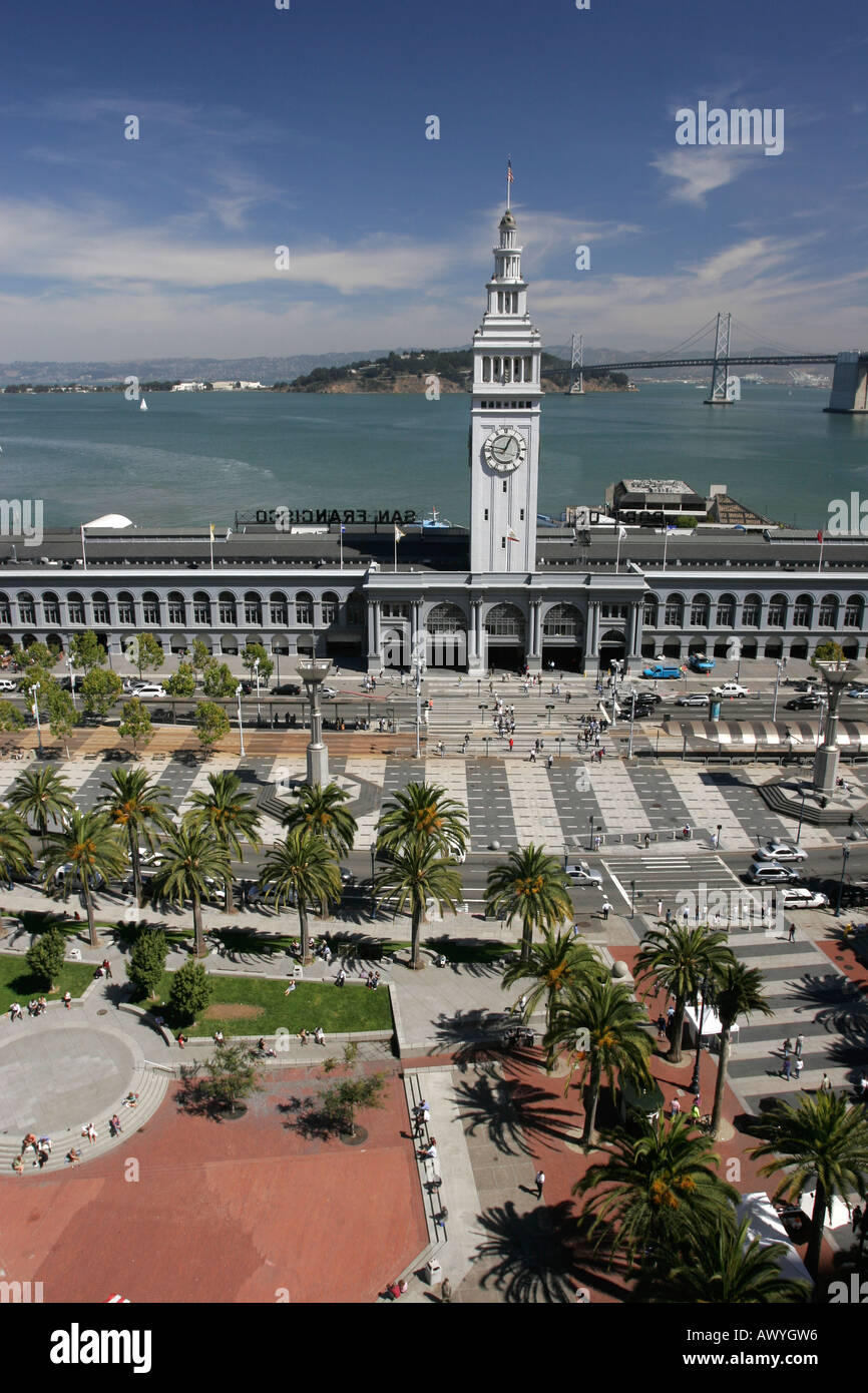 Aerial view of Ferries Building and Bay Bridge, San Francisco ...