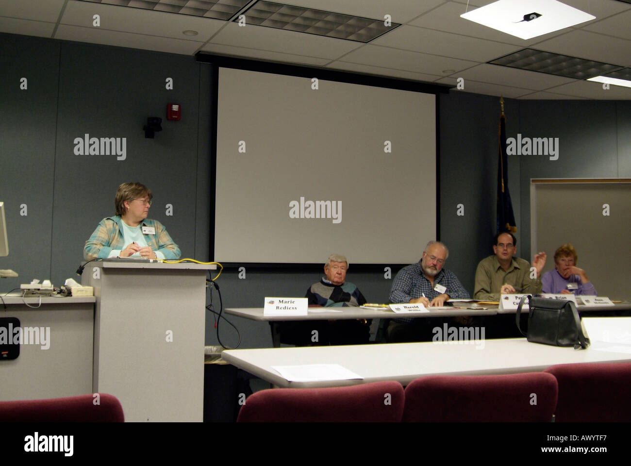 Female presenter gives lecture to business gathering and uses digital ...