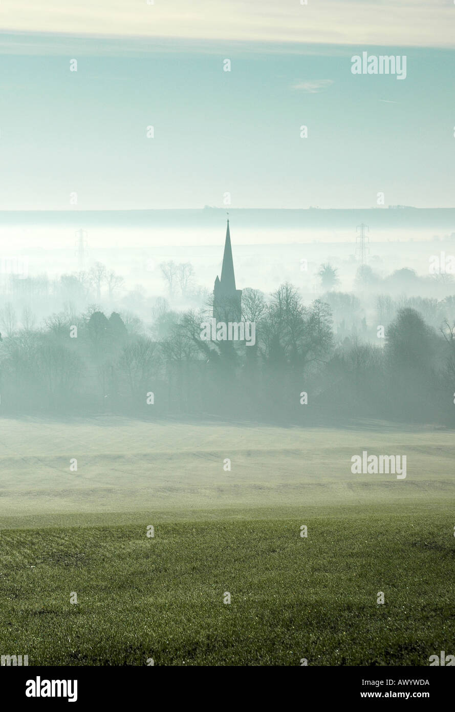 Church spire through mist on an early September morning, Bishops ...