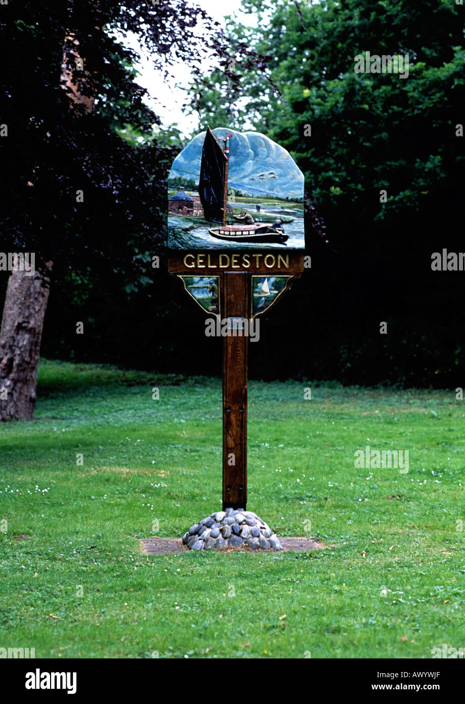 Geldeston Village Sign in Norfolk Uk Stock Photo - Alamy