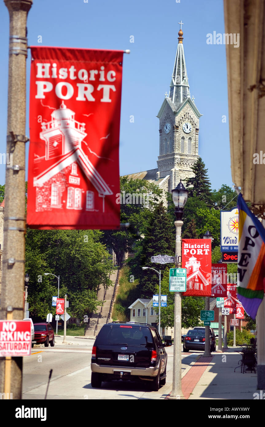 Downtown shops in Port Washington a harbor town on Lake Michigan in ...