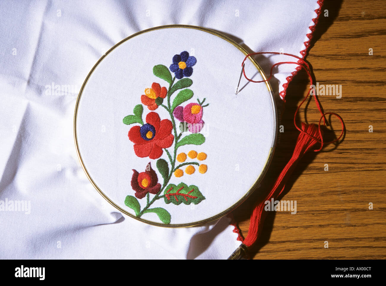 Flowers are sewn into fabric on hoop with embroidery thread Stock Photo ...