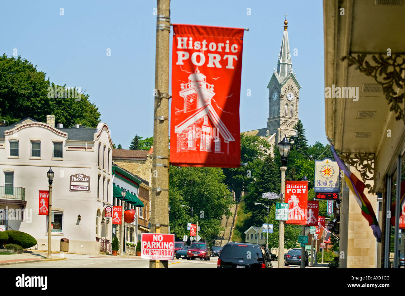 Downtown shops in Port Washington a harbor town on Lake Michigan in ...