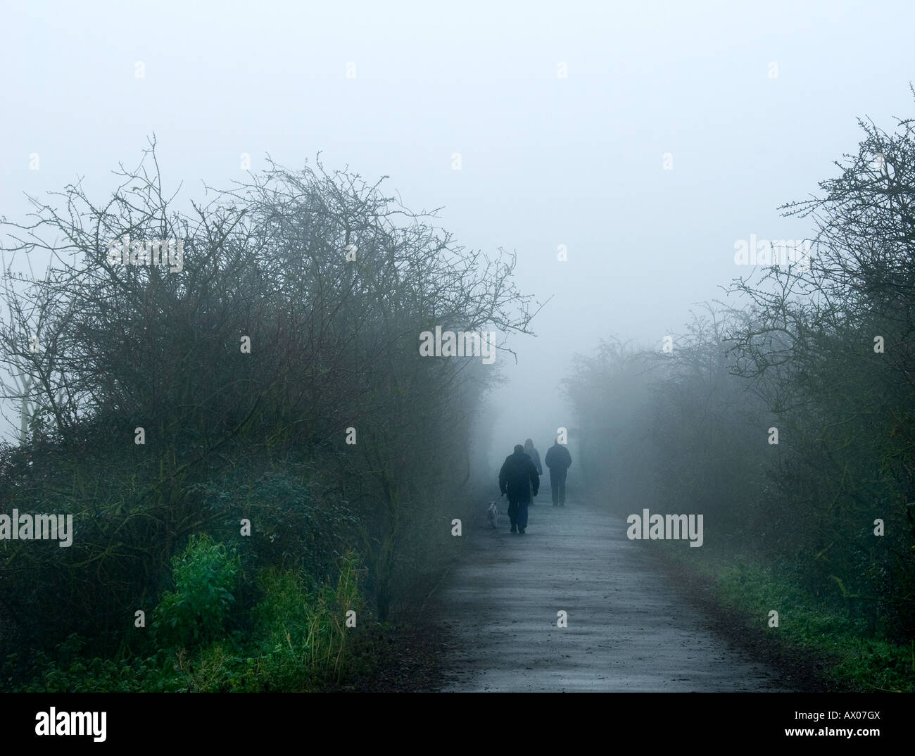 UK weather mist - mysterious figures walking into dense mist in Essex ...