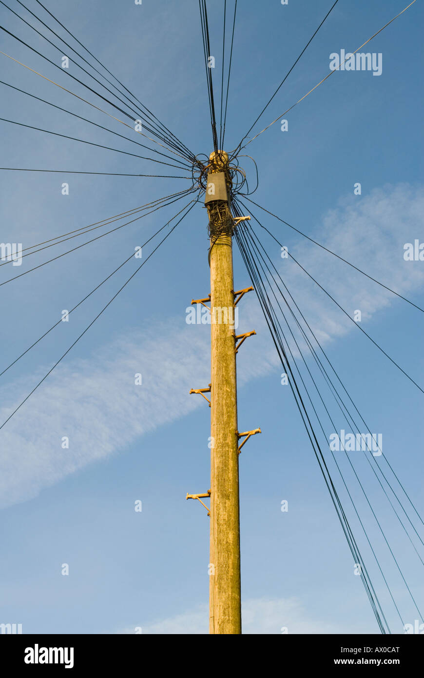 A telegraph pole with wires radiating against a blue sky Brighton ...