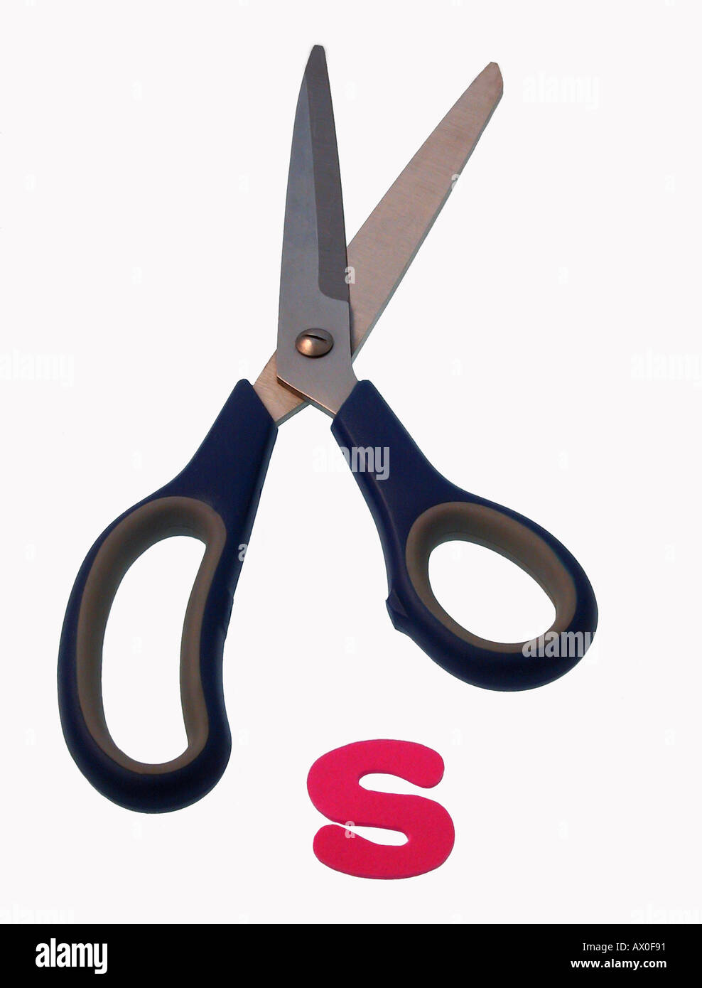 Conceptual image showing a pair of scissors and the letter s Stock ...