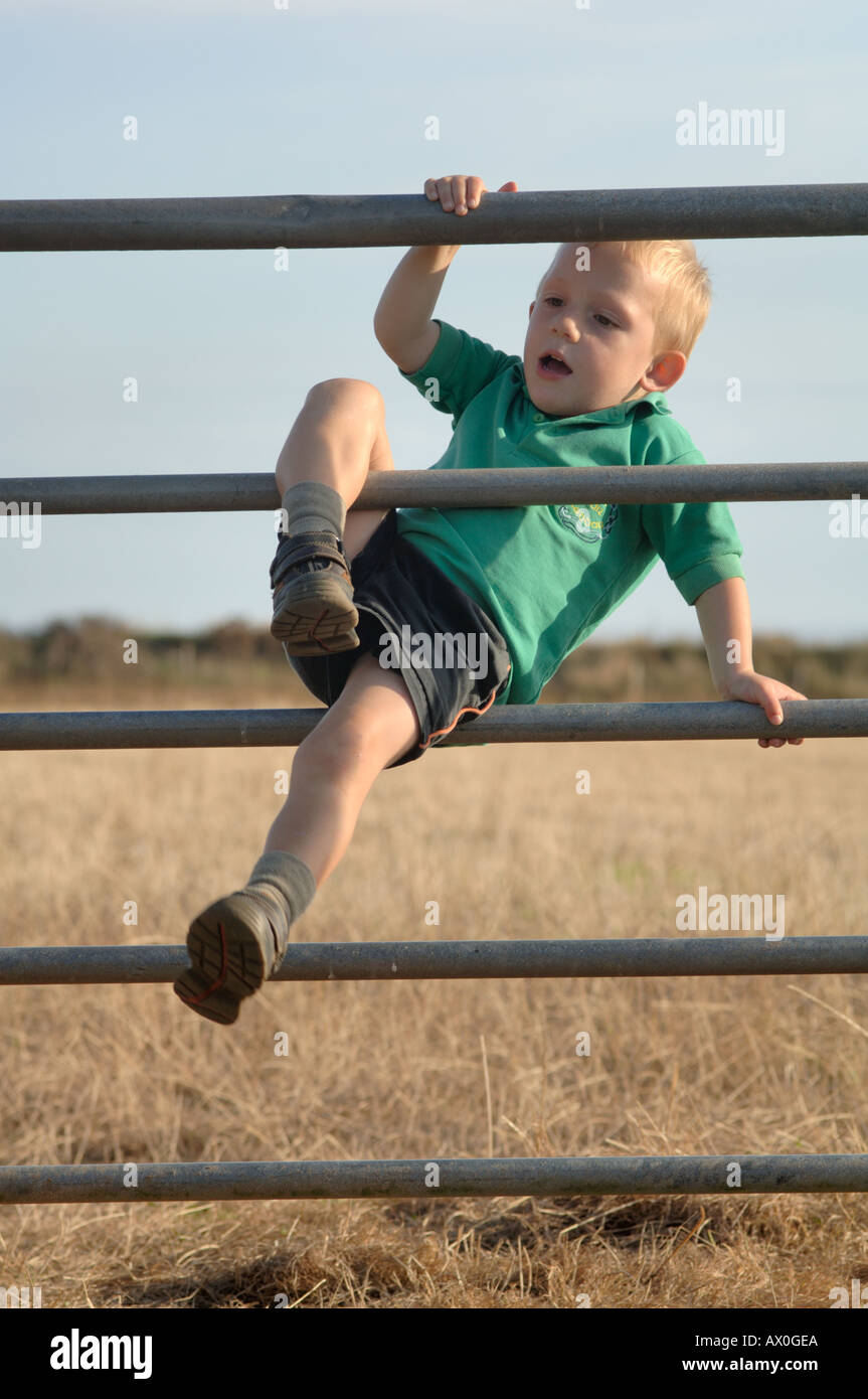 Young boy climbing gate Marloes Sands Stock Photo - Alamy
