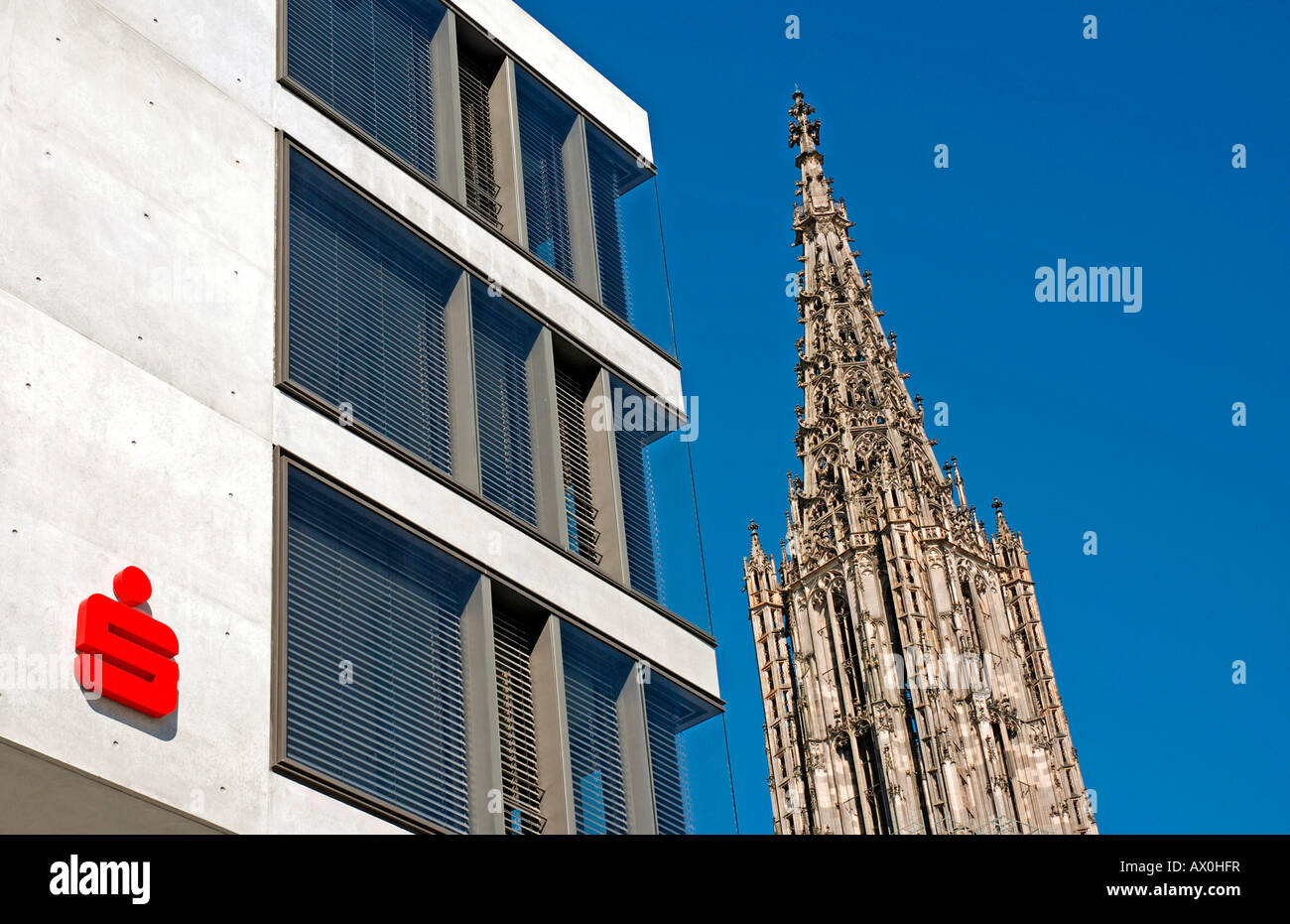 Building of the Sparkasse and Minster, Ulm, Baden-Wuerttemberg, Germany ...
