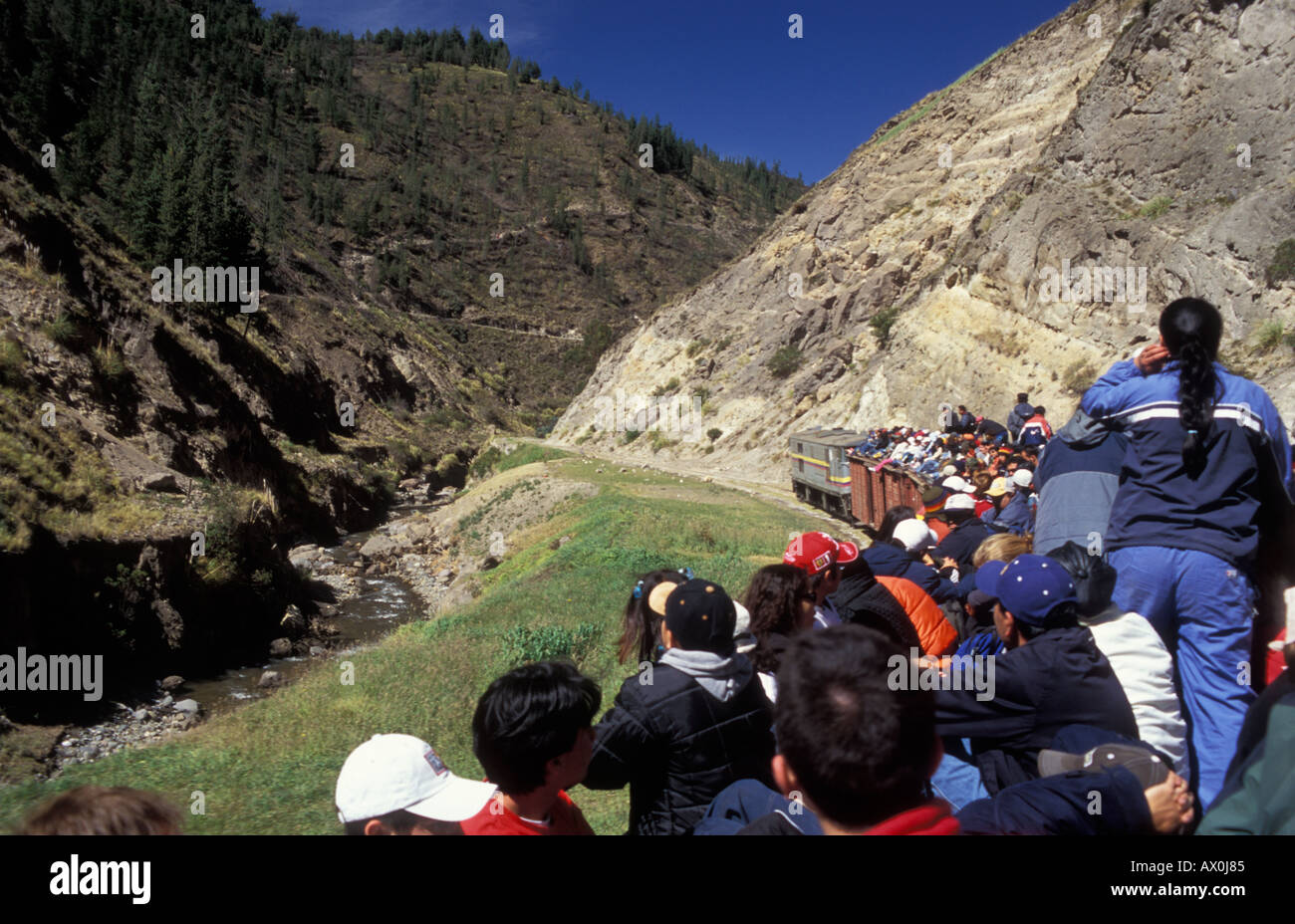Passengers on the roof the Nariz del Diablo train, Ecuador, South ...