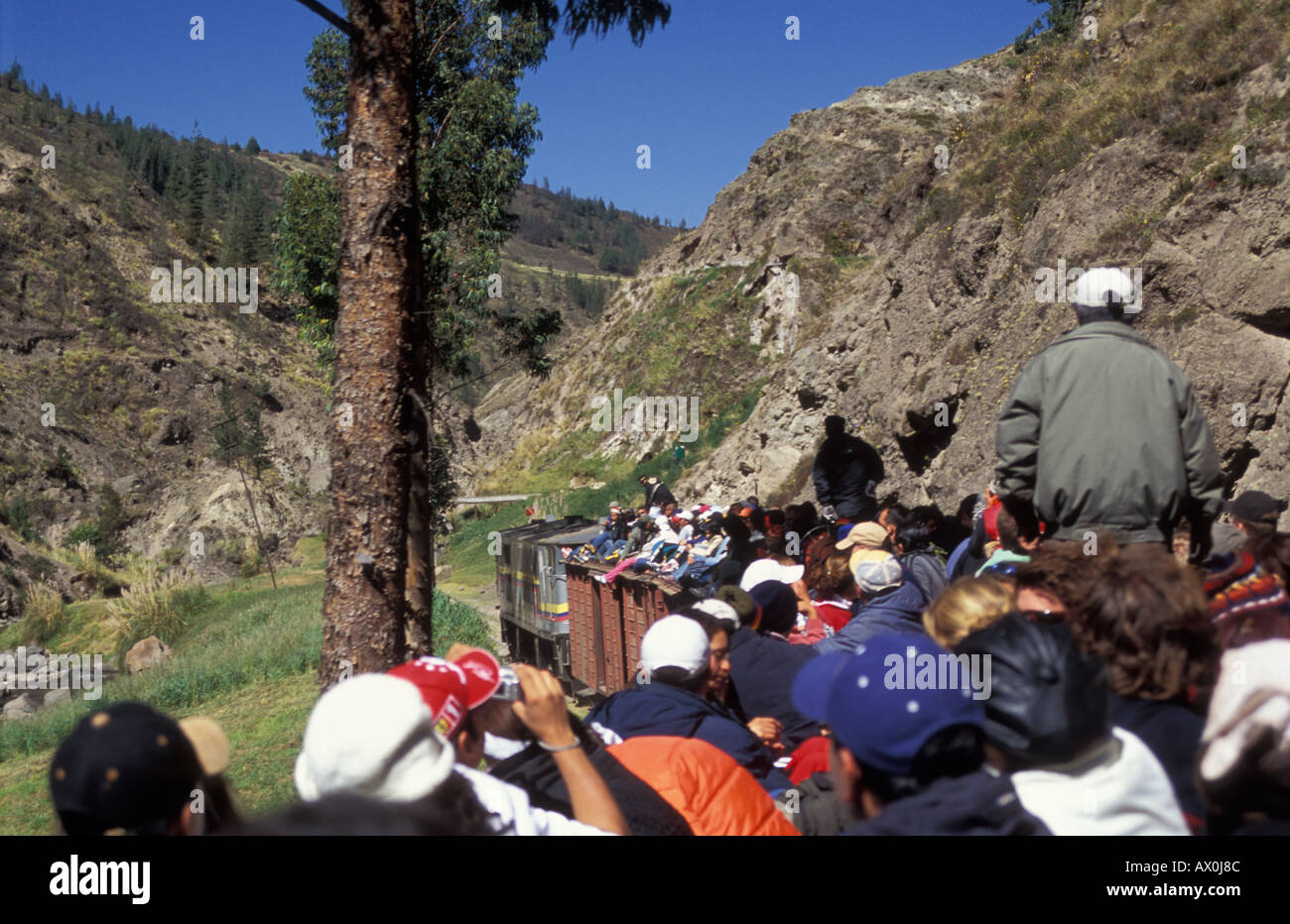 Passengers on the roof the Nariz del Diablo train, Ecuador, South ...