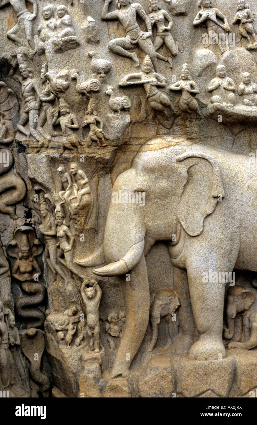"Bhagiratha's Penace", relief, detail of the middle part, Mahabalipuram ...