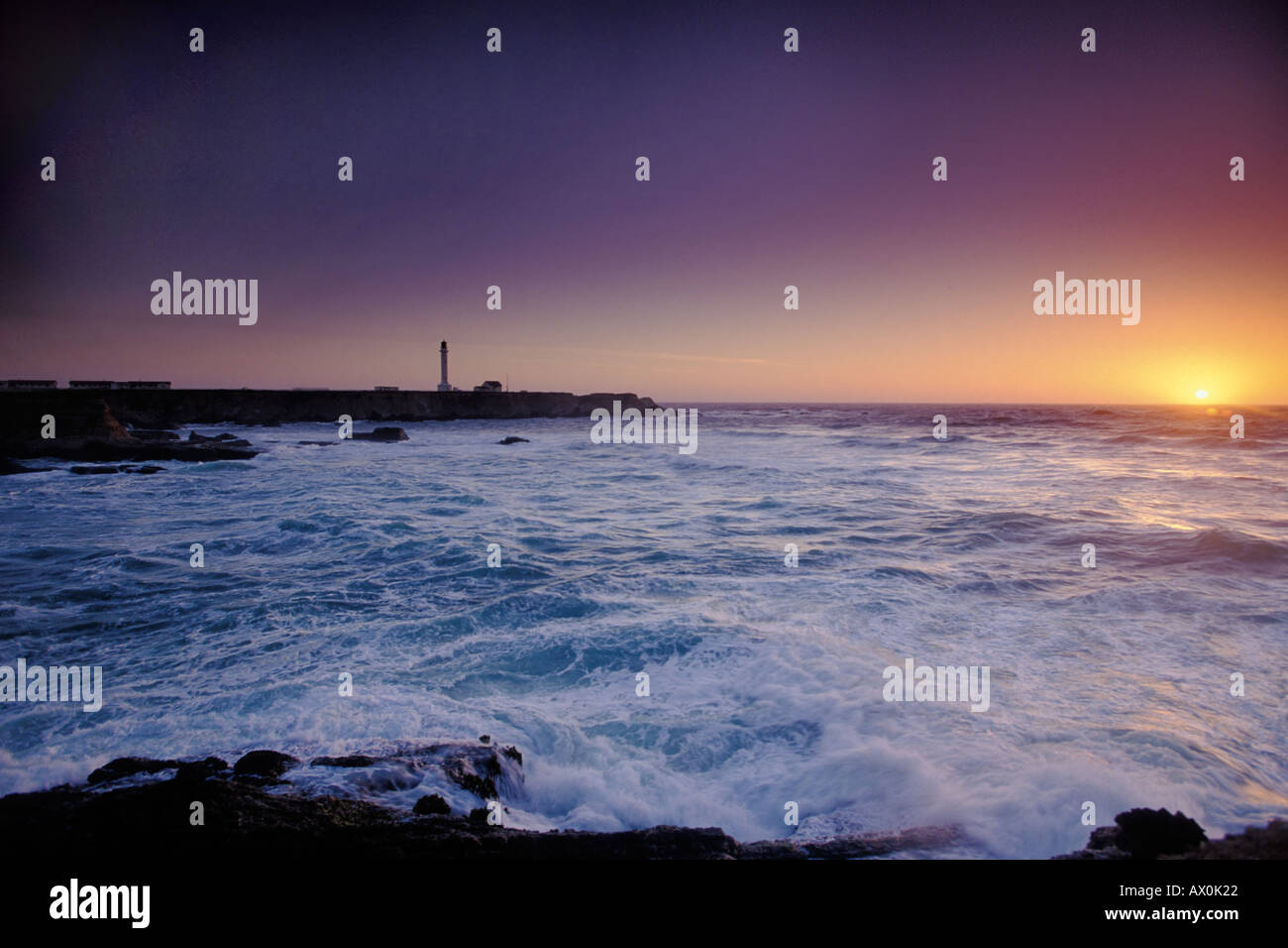 California, Point Arena, Point Arena Lighthouse at sunset Stock Photo ...