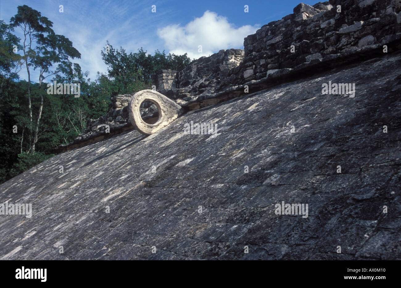 wall with ring ball field in Maya ruins of Kohunlich Yucatan peninsula ...