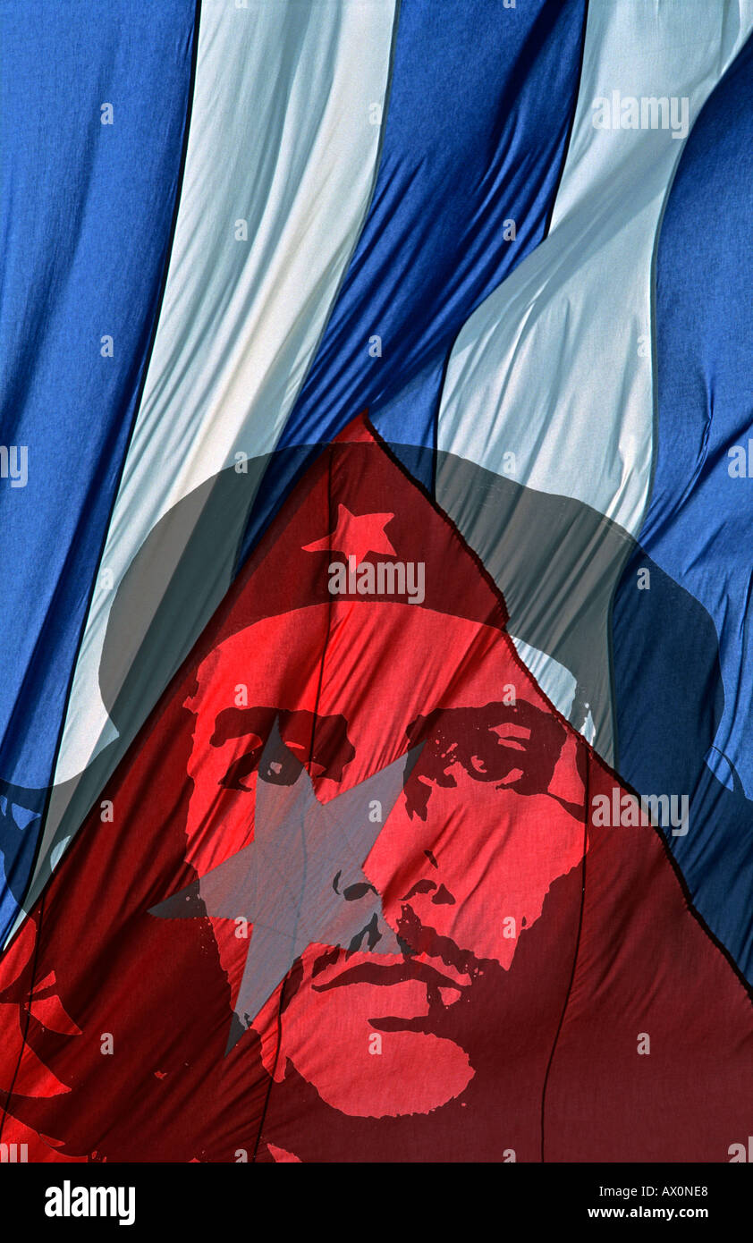 Detail of the Cuban national flag flowing in the wind with a ...