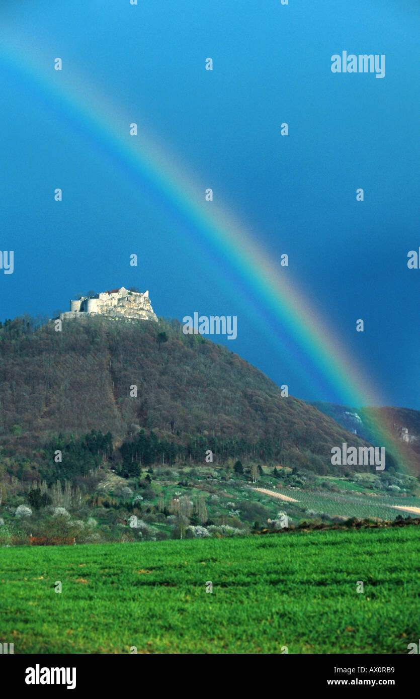 castle Hohenneuffen with rainbow, Germany, Schwaebische Alb Stock Photo ...
