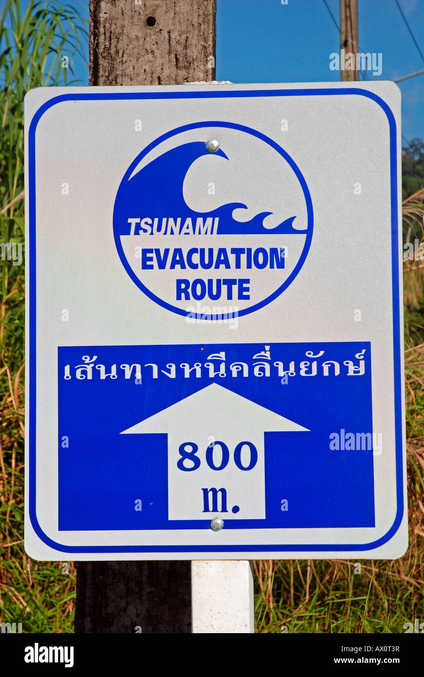 Sign marking evacuation route in case of a tsunami at Khao Lak beach ...