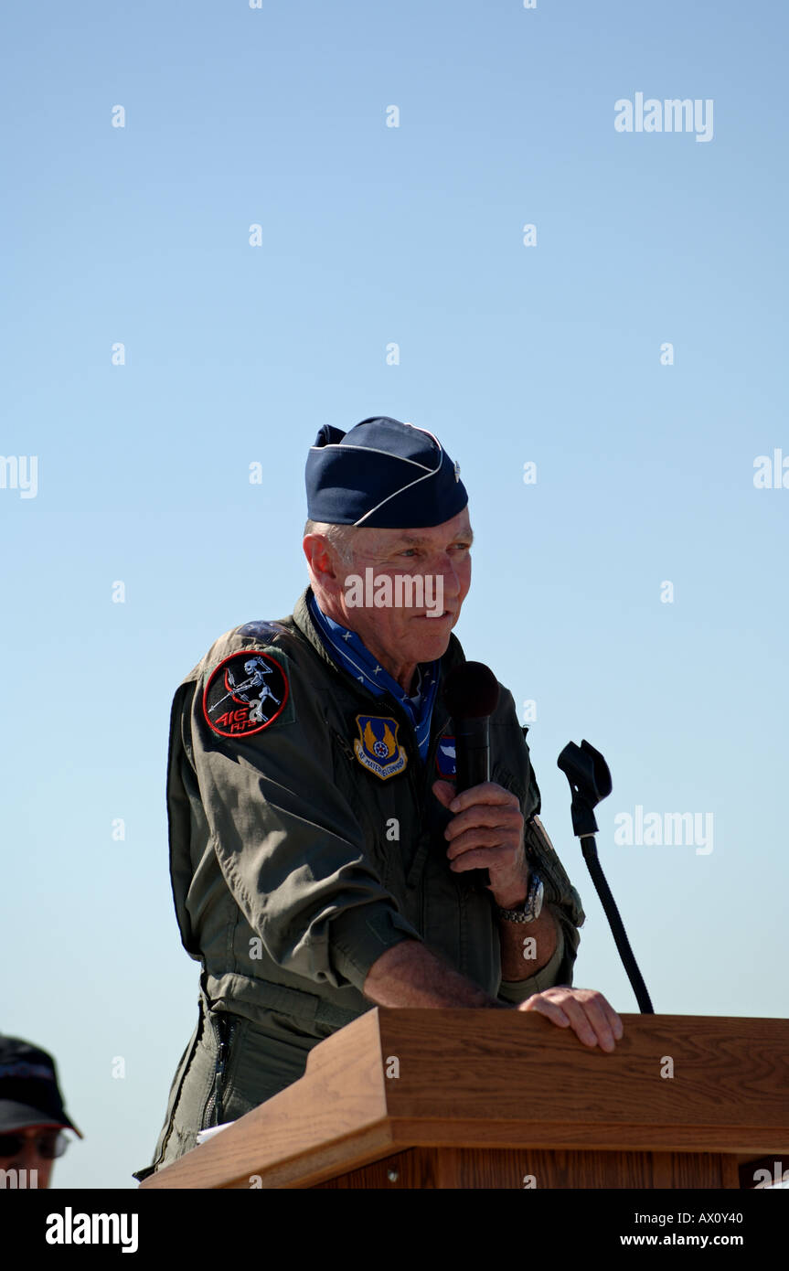 Veteran pilot General Chuck Yeager giving speech at Edwards Air Force ...