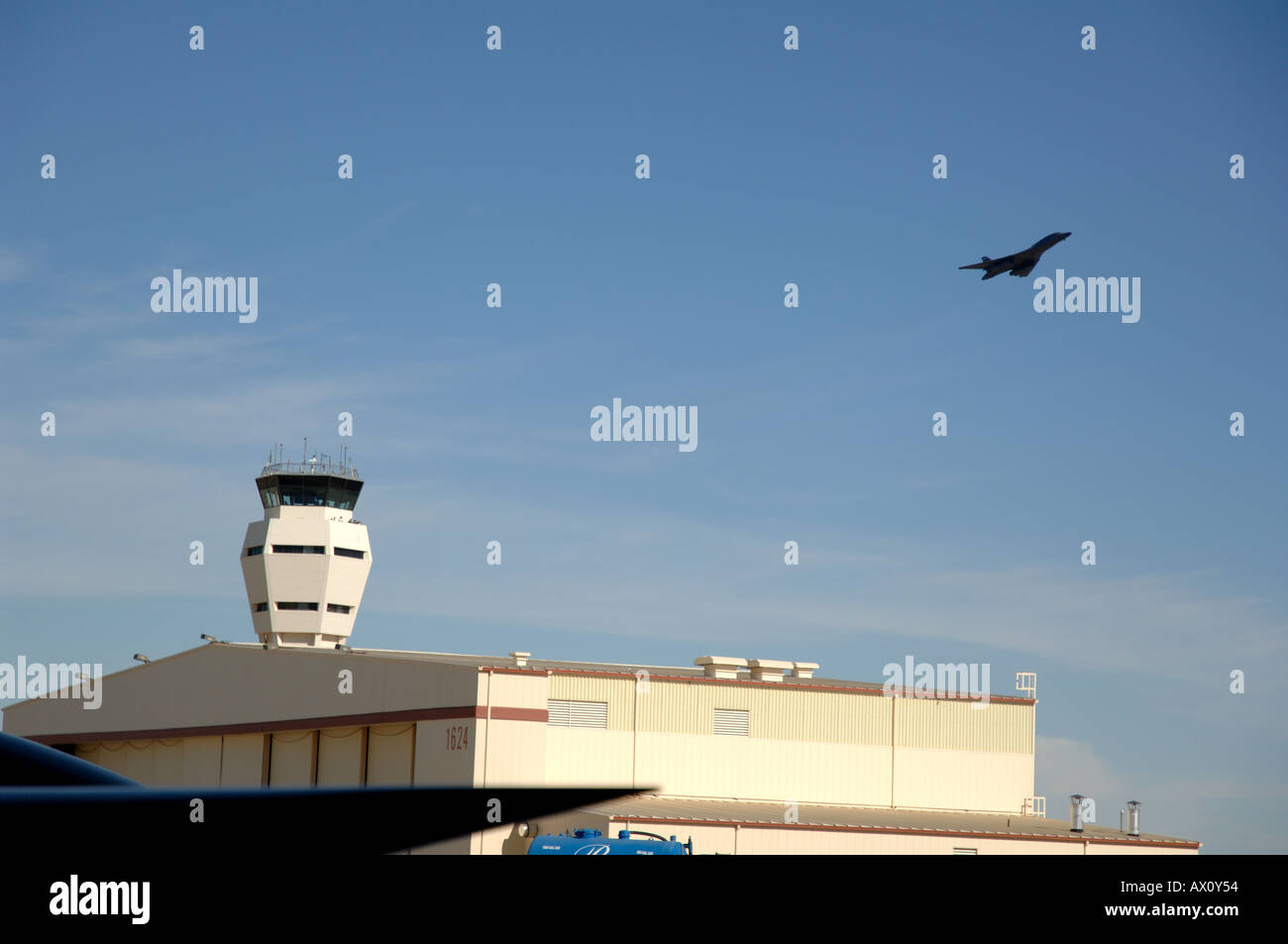 B-1B Lancer aircraft flying over control tower at Edwards Air Force ...