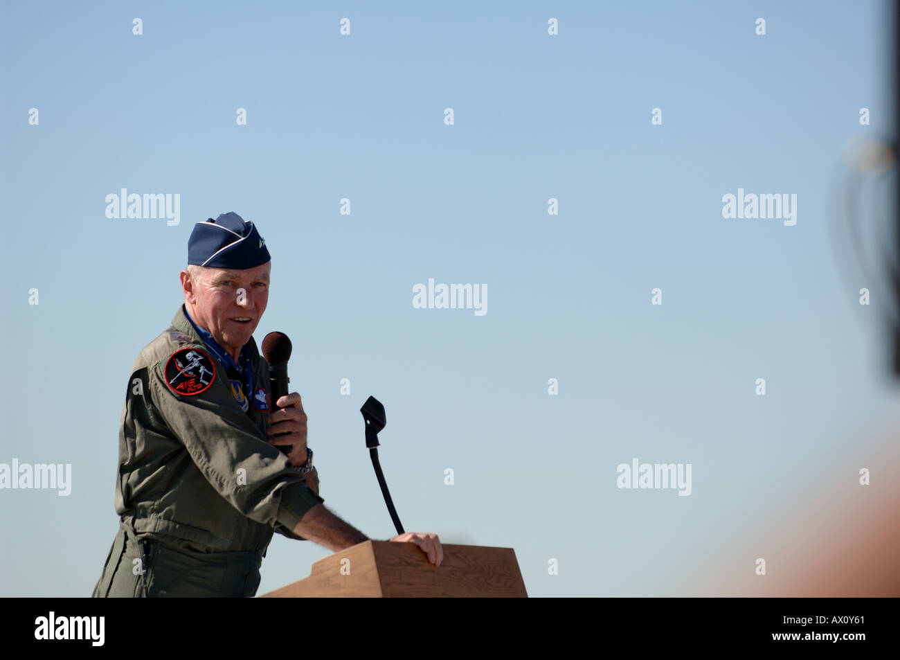 Veteran pilot General Chuck Yeager giving speech at Edwards Air Force ...