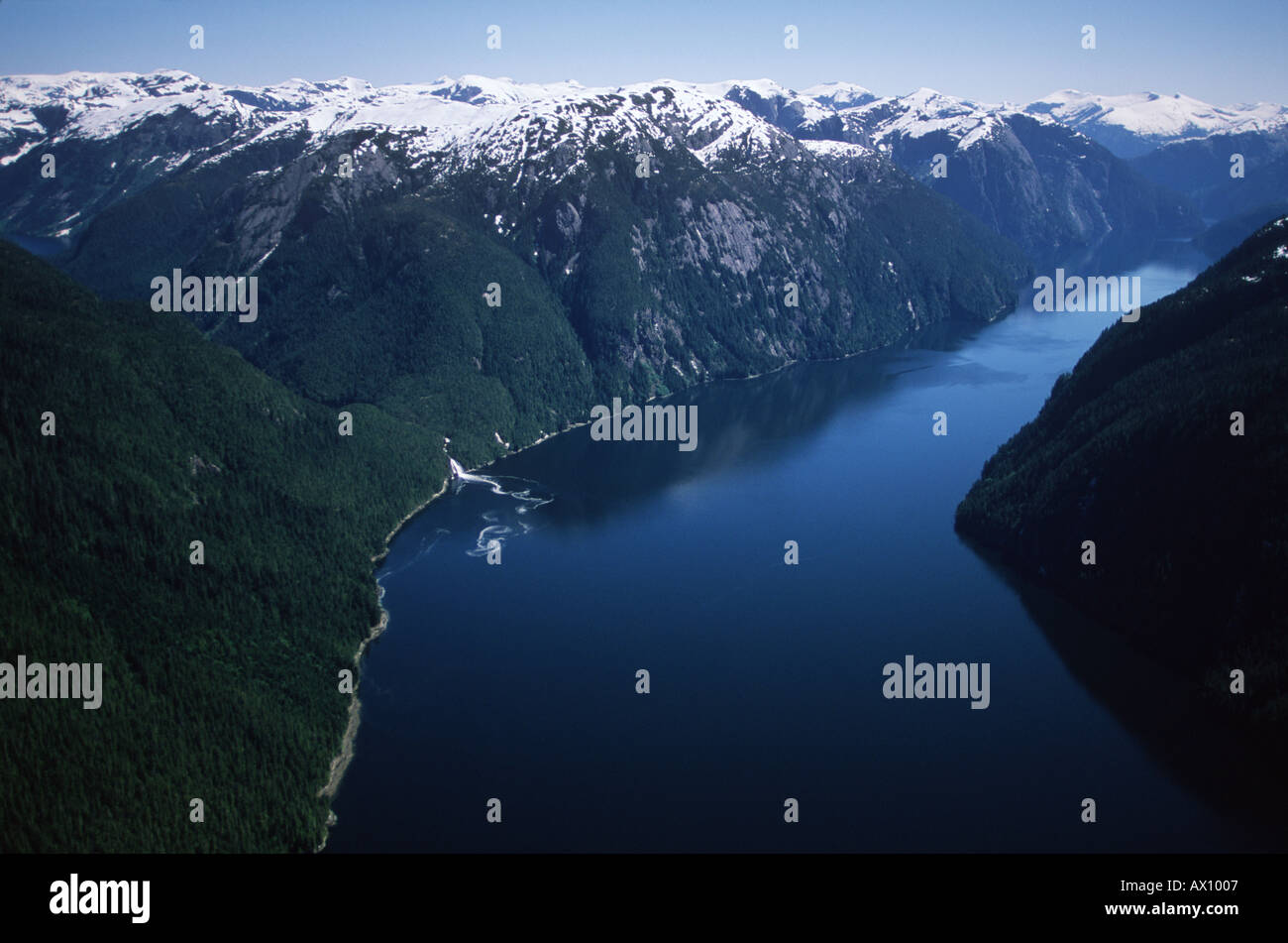 Canada British Columbia Central Coast Kynoch Inlet and waterfall aerial ...