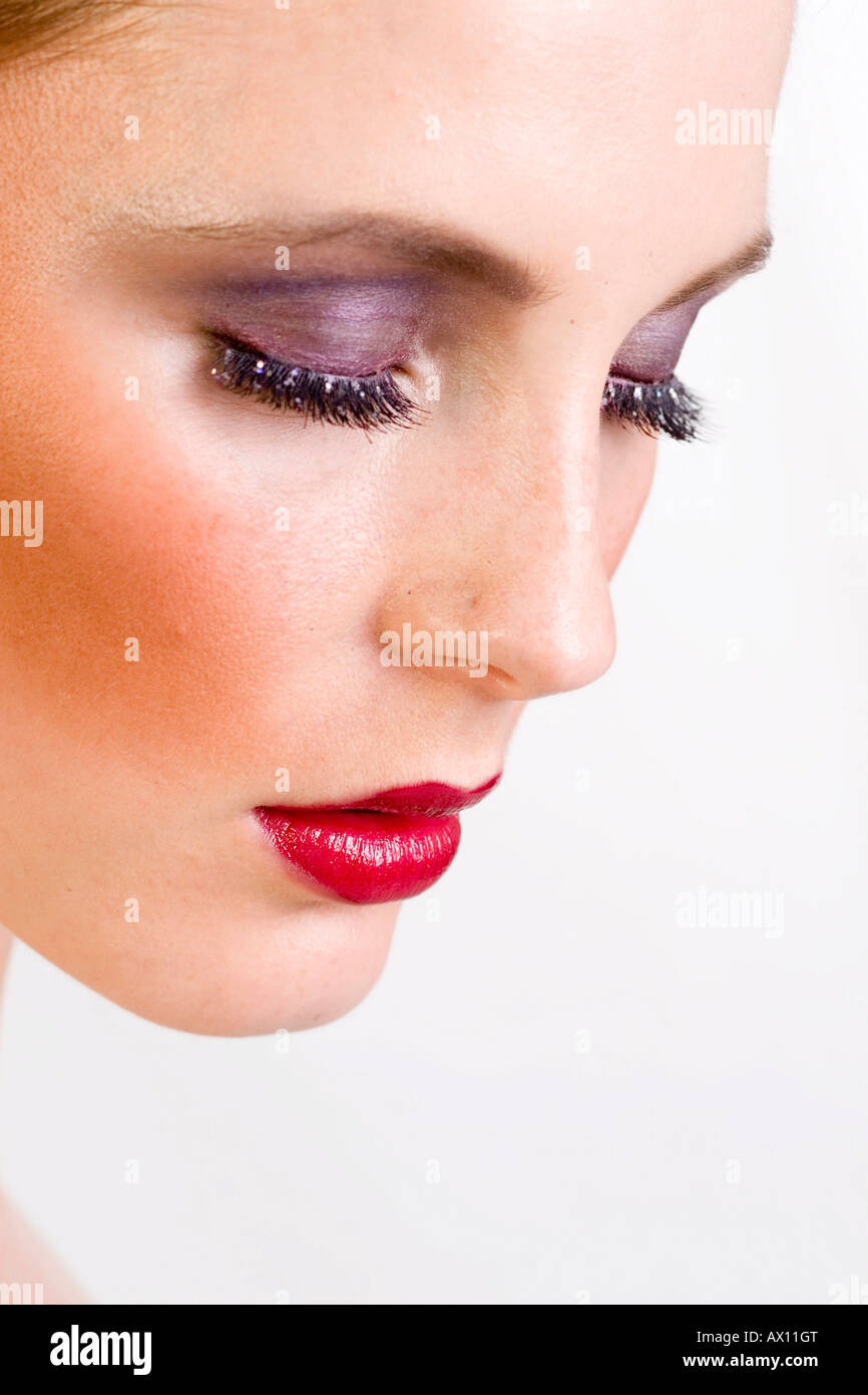 Studio photos of a young woman, detailed photo of made-up face with ...