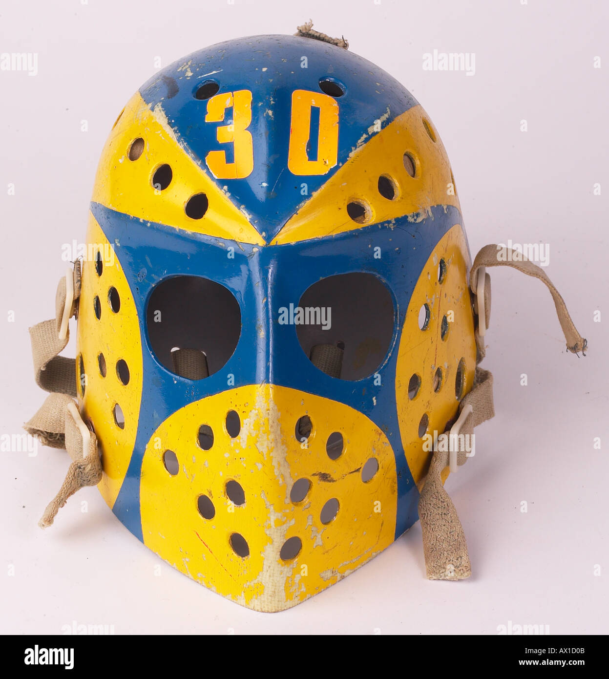 Blue and yellow goalie mask L3 Stock Photo - Alamy