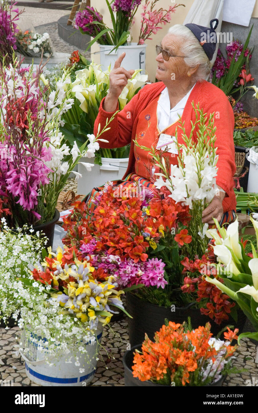 Flower vendor at an indoor market in Funchal, Madeira, Portugal, Europe ...